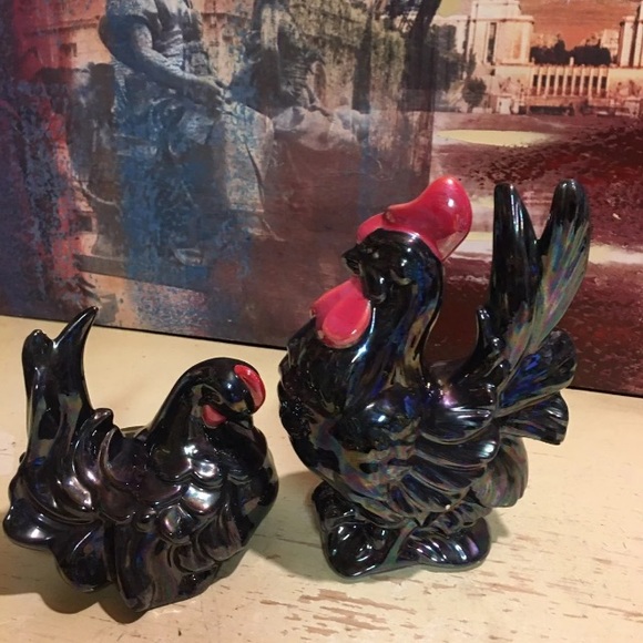 Accessories | Vtg Rare Iridescent Blue Ceramic Rooster Hen Set | Poshmark